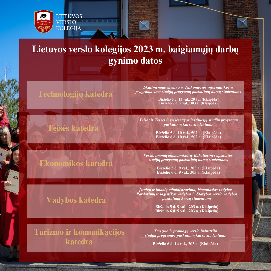 Lietuvos verslo kolegijos 2023 m. baigiamųjų darbų gynimo datos - LTVK